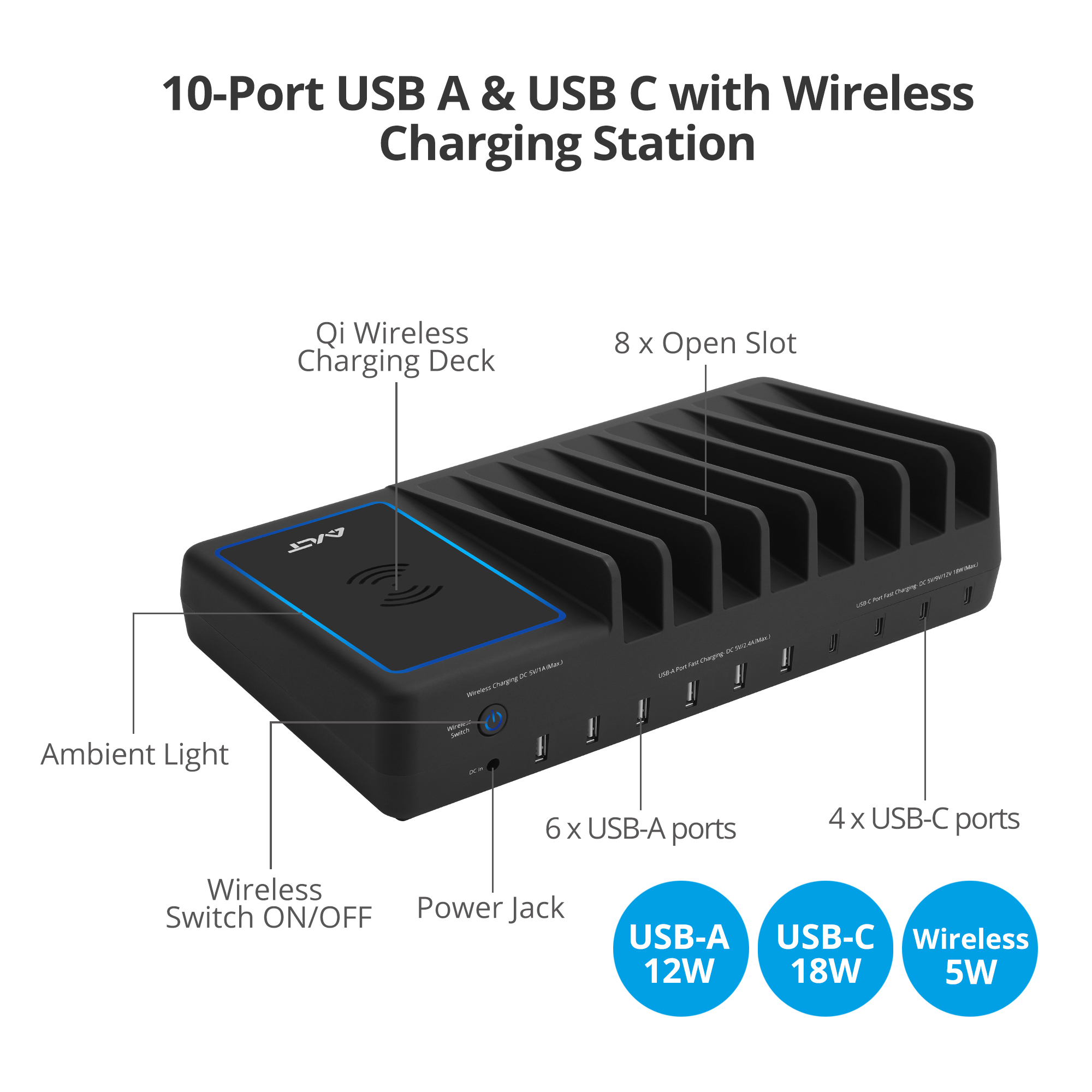AVLT 150W 10 Port USB-A USB-C with Qi Wireless Charging Station for ...