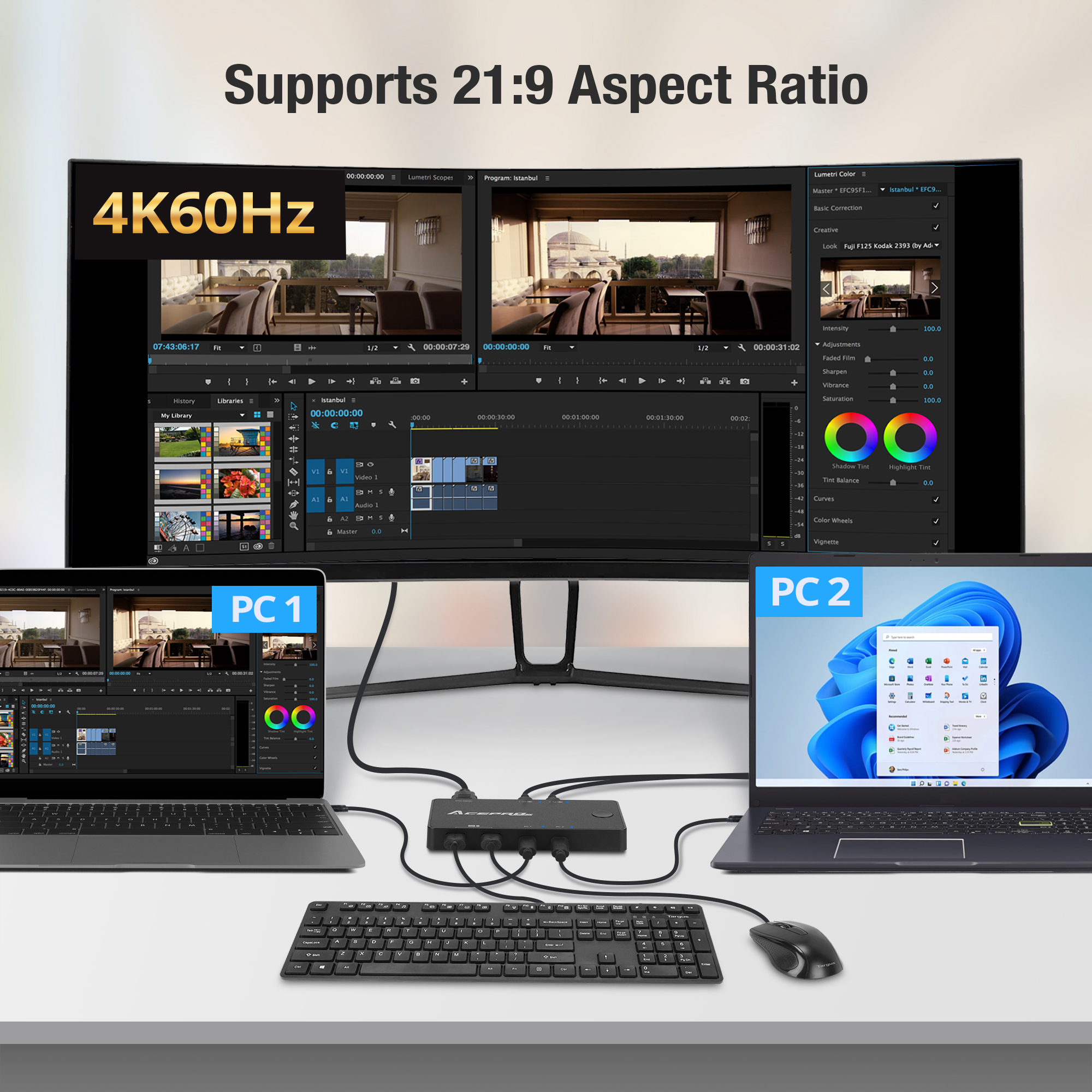 2x1 USB-C 4K60Hz KVM Switch with PD Pass-Through - Selector for 2 Computers Sharing 4K Monitor ...