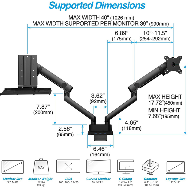 AVLT Dual 17”-38" Monitor Arm Desk Mount with 17" Laptop Tray and USB-C ...
